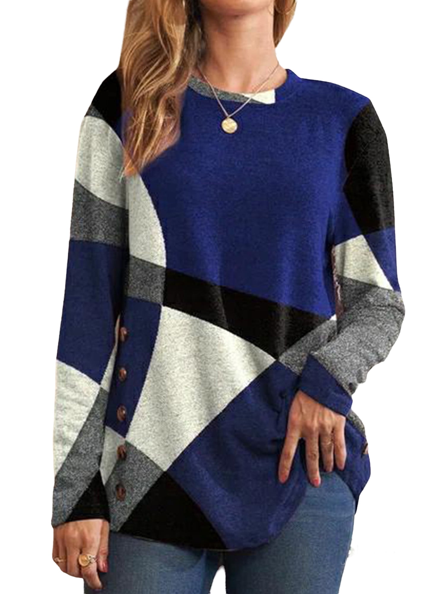 Dymade Womens Plus Size Basic Henley Tops Geometric Long Sleeve Round