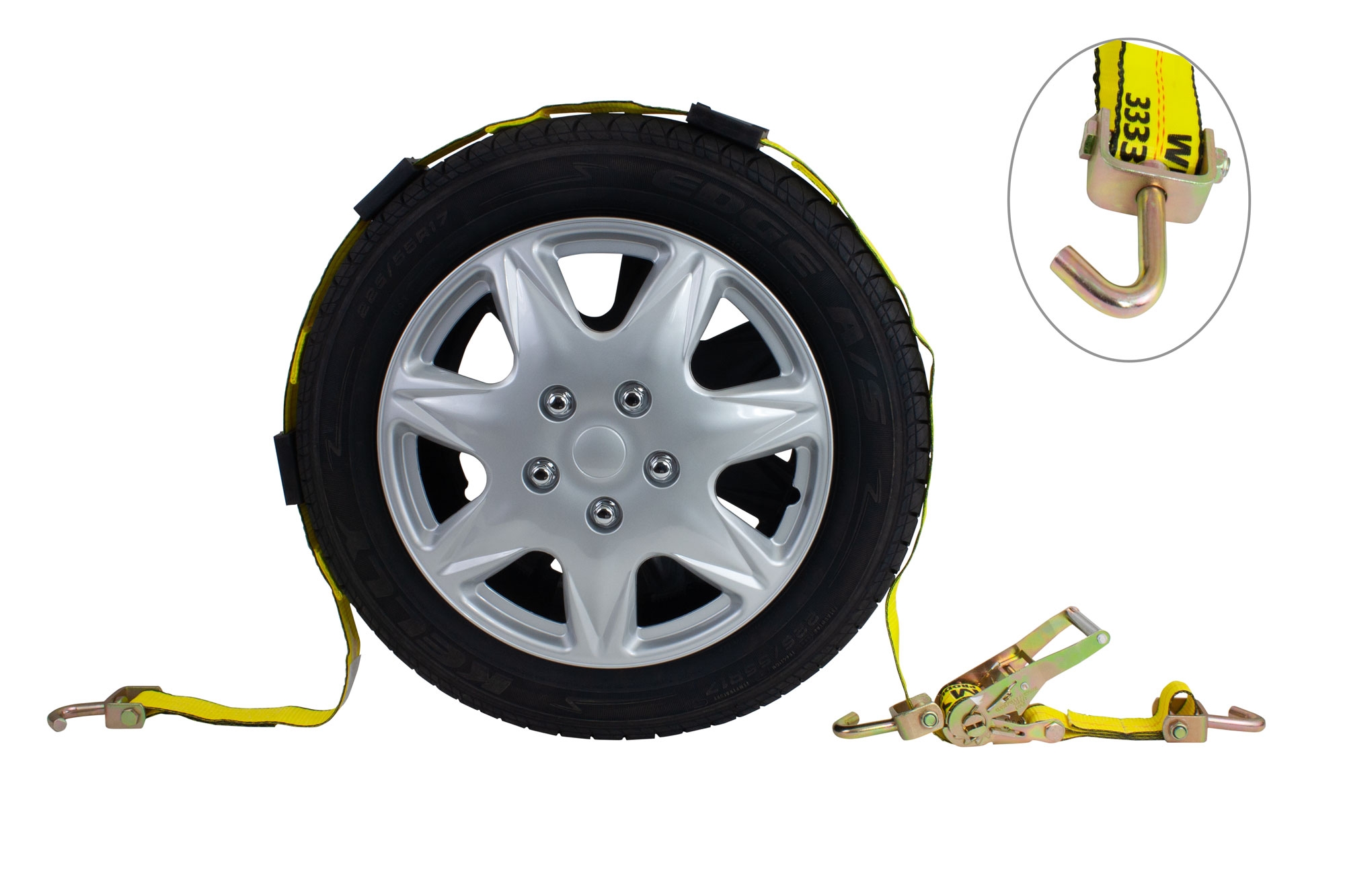 2" x 9' Over the Tire Ratchet Strap w/ Swivel J Hooks & Rubber Pads ...