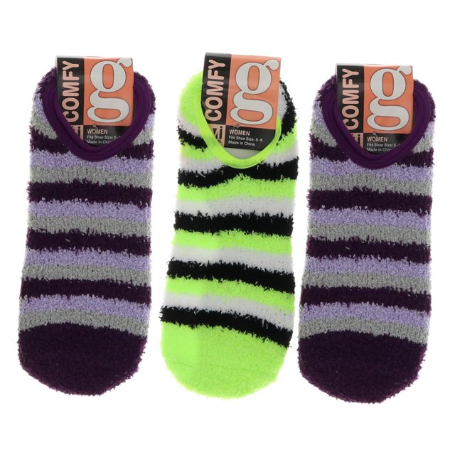 Comfy Women's Fuzzy Ankle Slipper Socks with Grippers (3Pr) (Two Purple, One Neon Green ...