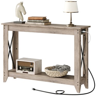 DecorTech Industrial Rectangular Wood Console Table with AC Power and ...
