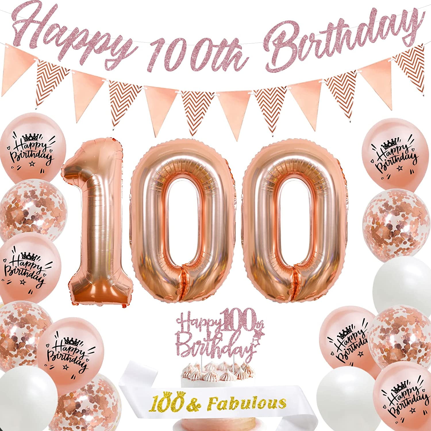 Rose Gold 100th Birthday Party Decorations, Happy 100th Birthday Banner ...