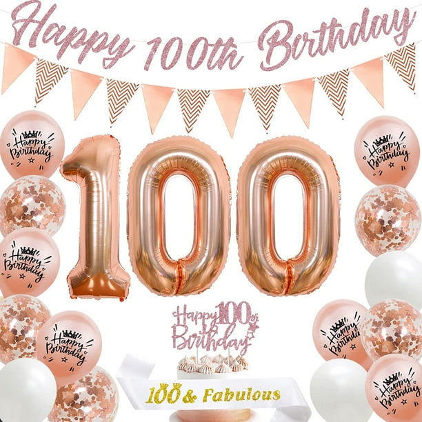 Rose Gold 100th Birthday Party Decorations, Happy 100th Birthday Banner ...