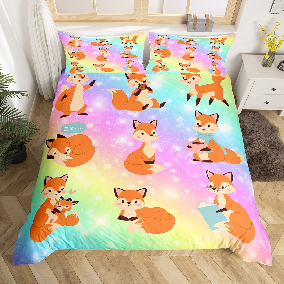 YST Kawaii Fox Bed Sets for Girls Rainbow Duvet Cover, Jungle Animal ...