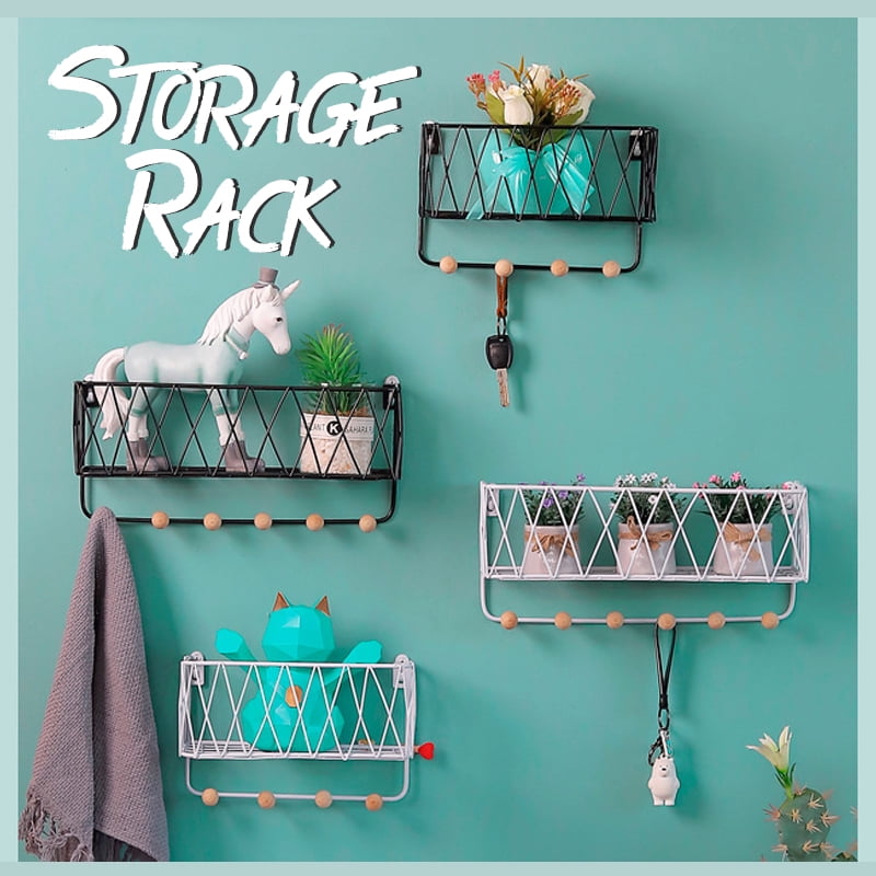 Stable Iron + Wood Wall Mounted Storage Rack With Durable Hooks For ...