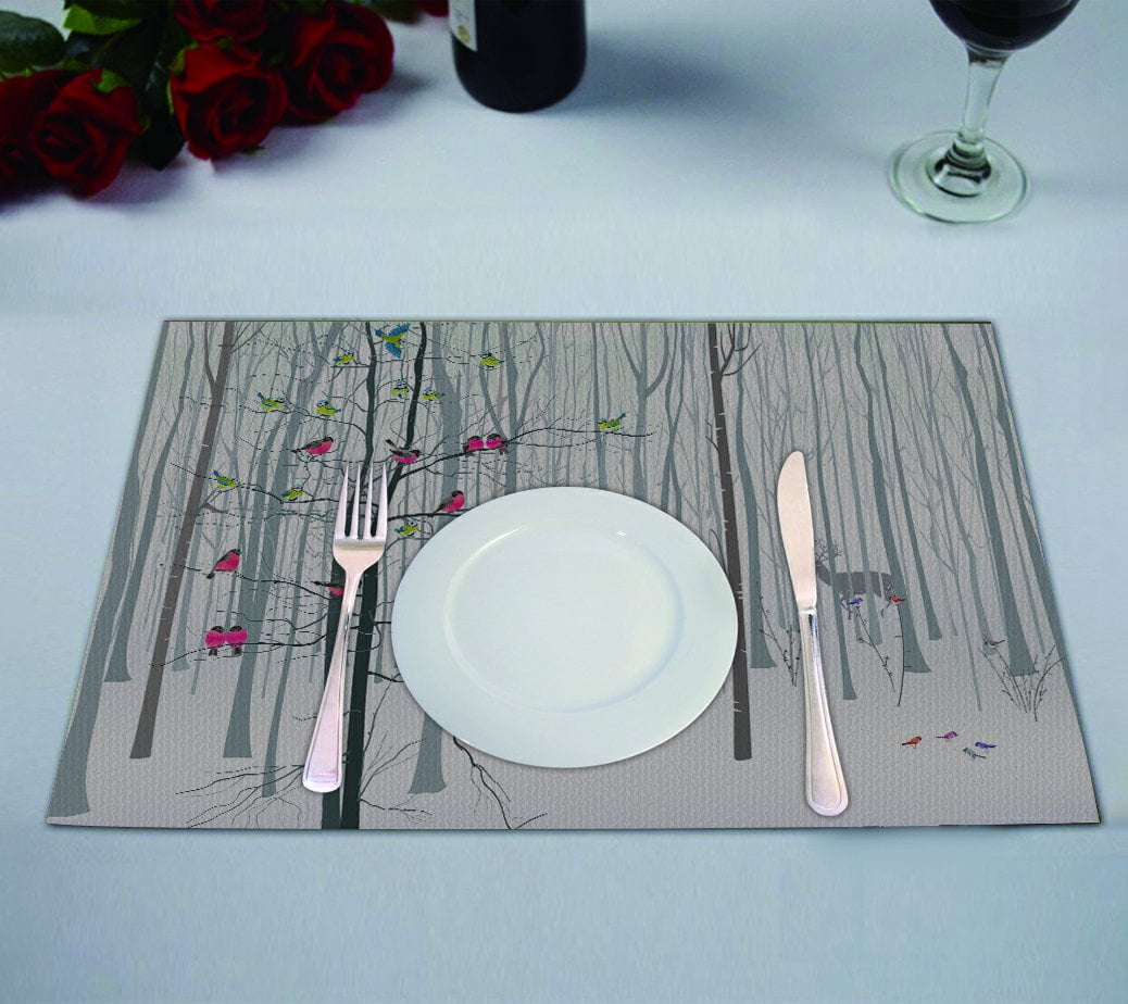 GCKG Landscape Nature Scenery Placemat, Birds and Deer in Winter Forest ...