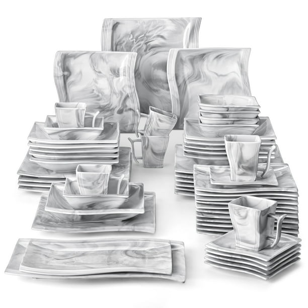 MALACASA Dinnerware Sets, Porcelain Dinner Set, 56-Piece Square Marble ...