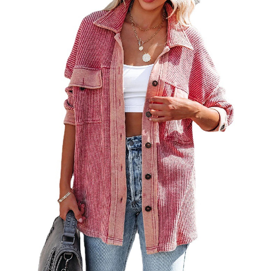 Hanerdun Women Female Long Sleeve Shacket Jacket Knit Blouse Top Pink M ...