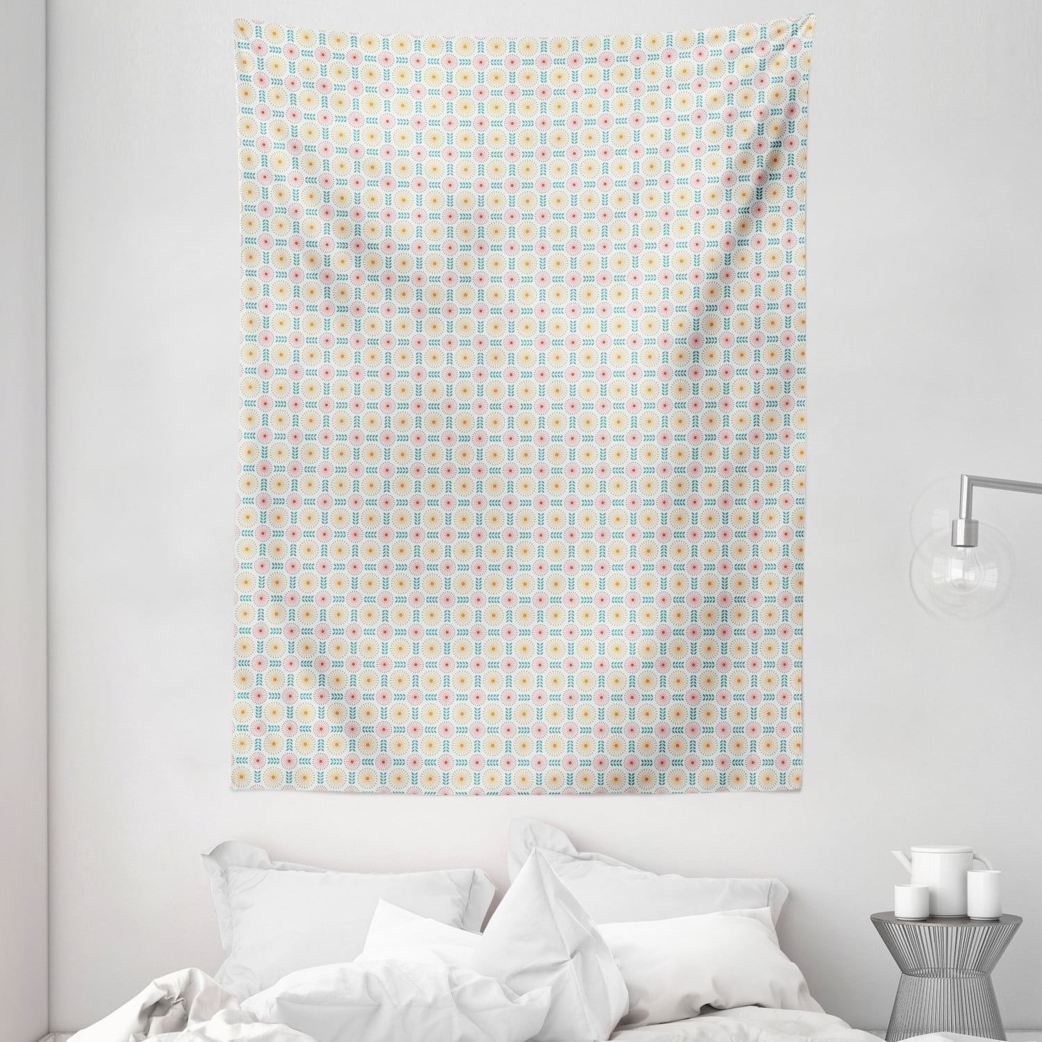 Folk Art Tapestry, Cute Simple Pattern with Floral Motif and Leaves ...