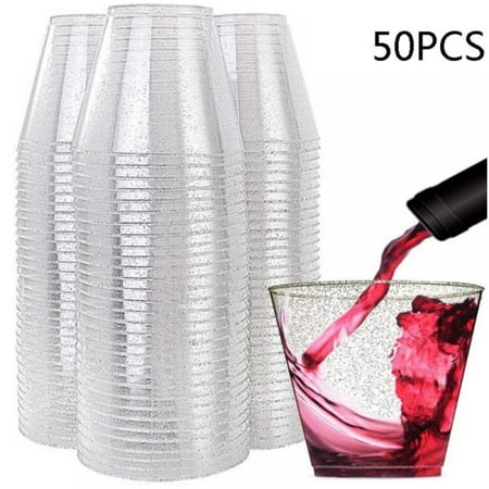 Bangus 50 Pack Silver Glitter Plastic Cups 9 oz Clear Plastic Cups ...