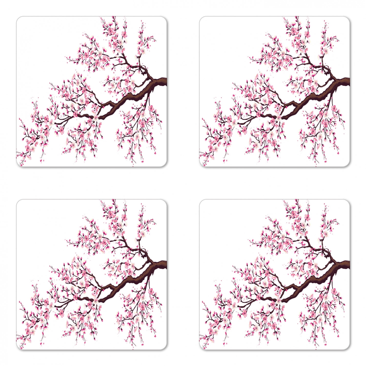Japanese Coaster Set of 4, Branch of a Flourishing Sakura Tree Flowers ...