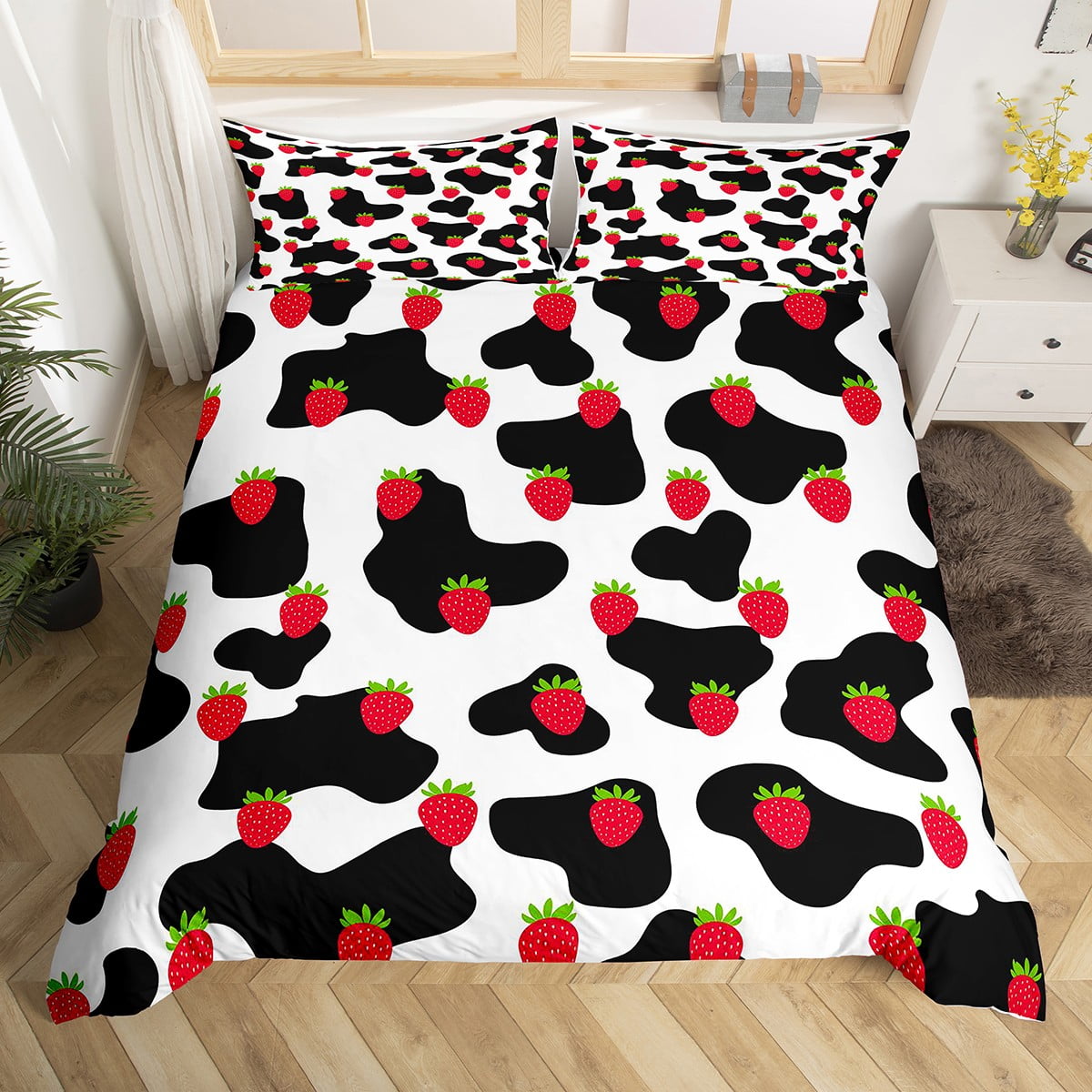 Kawaii Bedding Set Black and White Cow Print Strawberry Comforter Cover ...