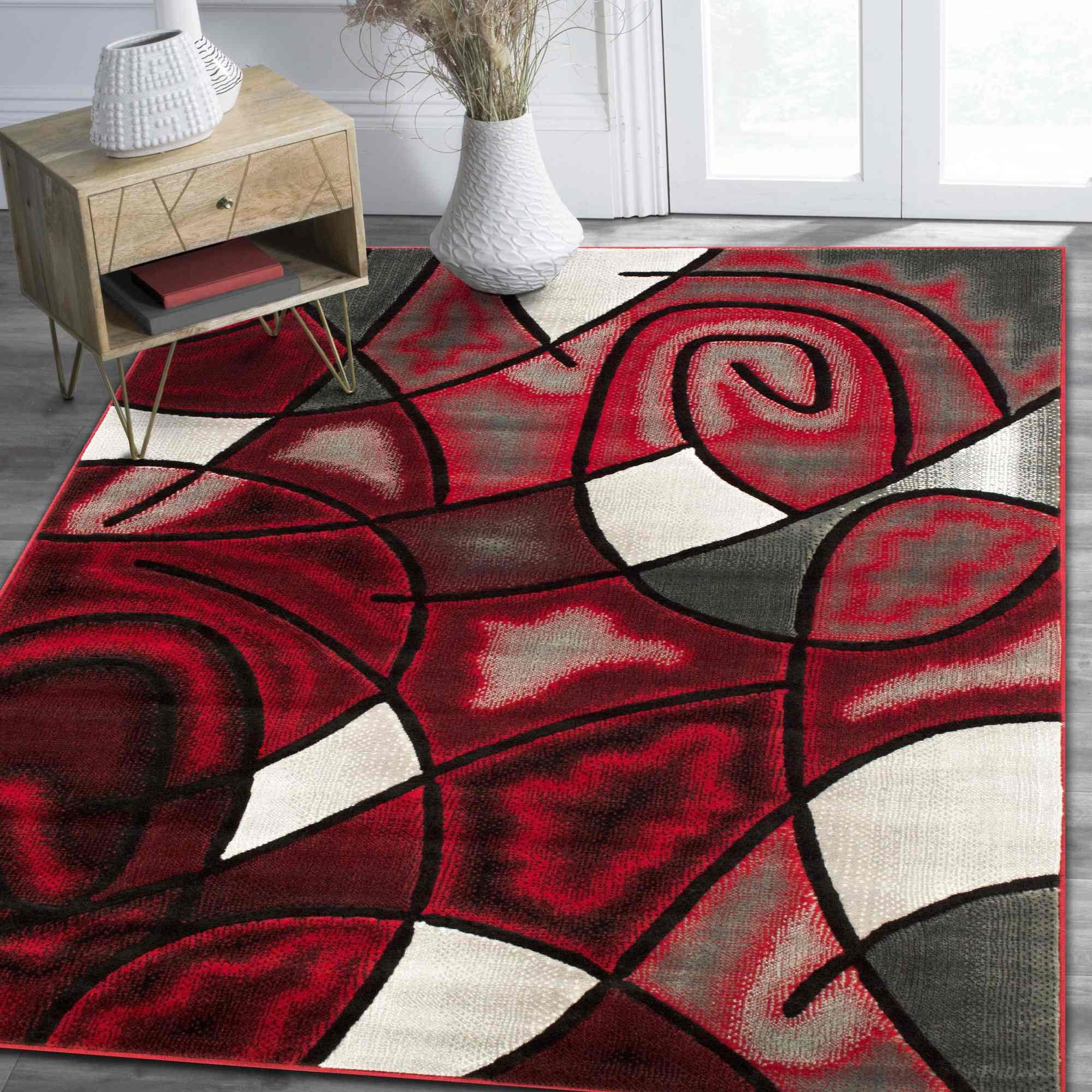 Red/Grey/Silver/Black/Abstract Area Rug Modern Contemporary Circles and ...