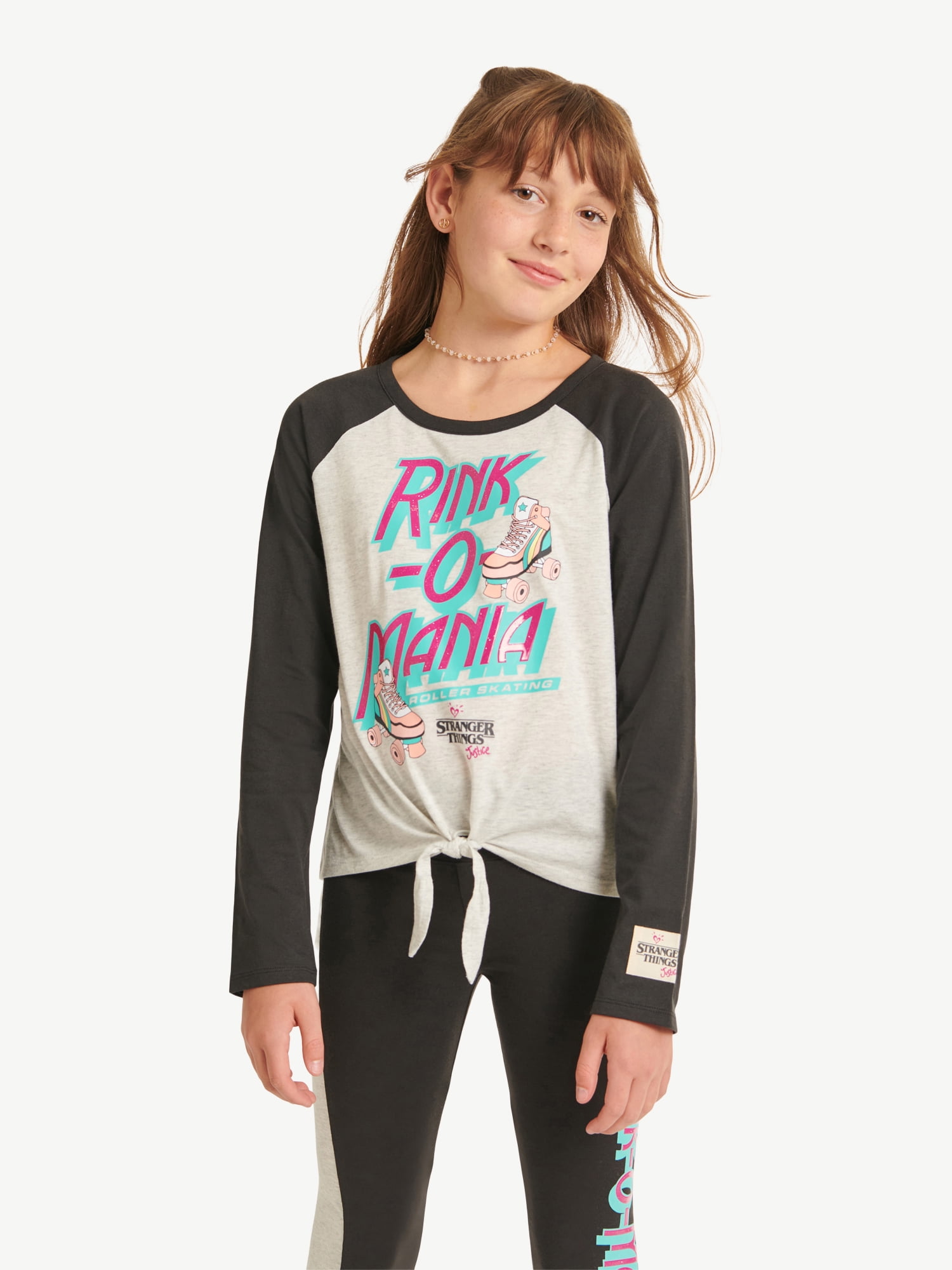 Justice x Stranger Things Girls Long Sleeve Tie Front Baseball Raglan T ...
