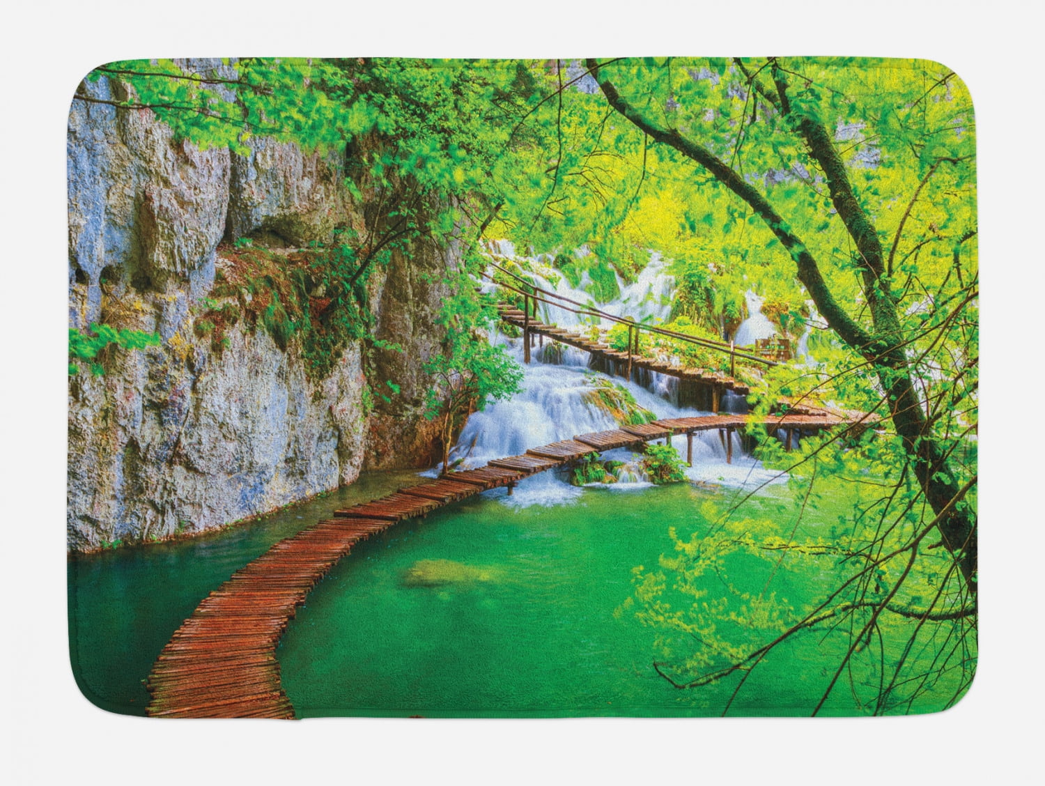 Waterfall Bath Mat, Cascade Path over the Lake by the Waterfall and ...