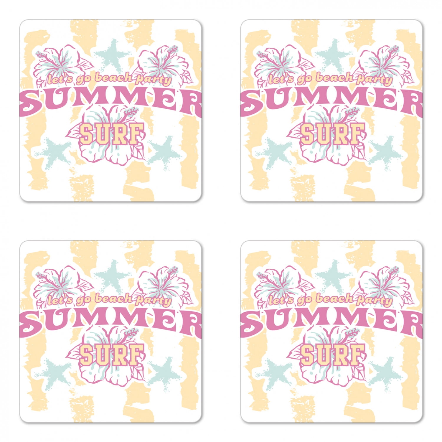 Abstract Coaster Set of 4, Summer Theme Flowers and Surf Image in ...
