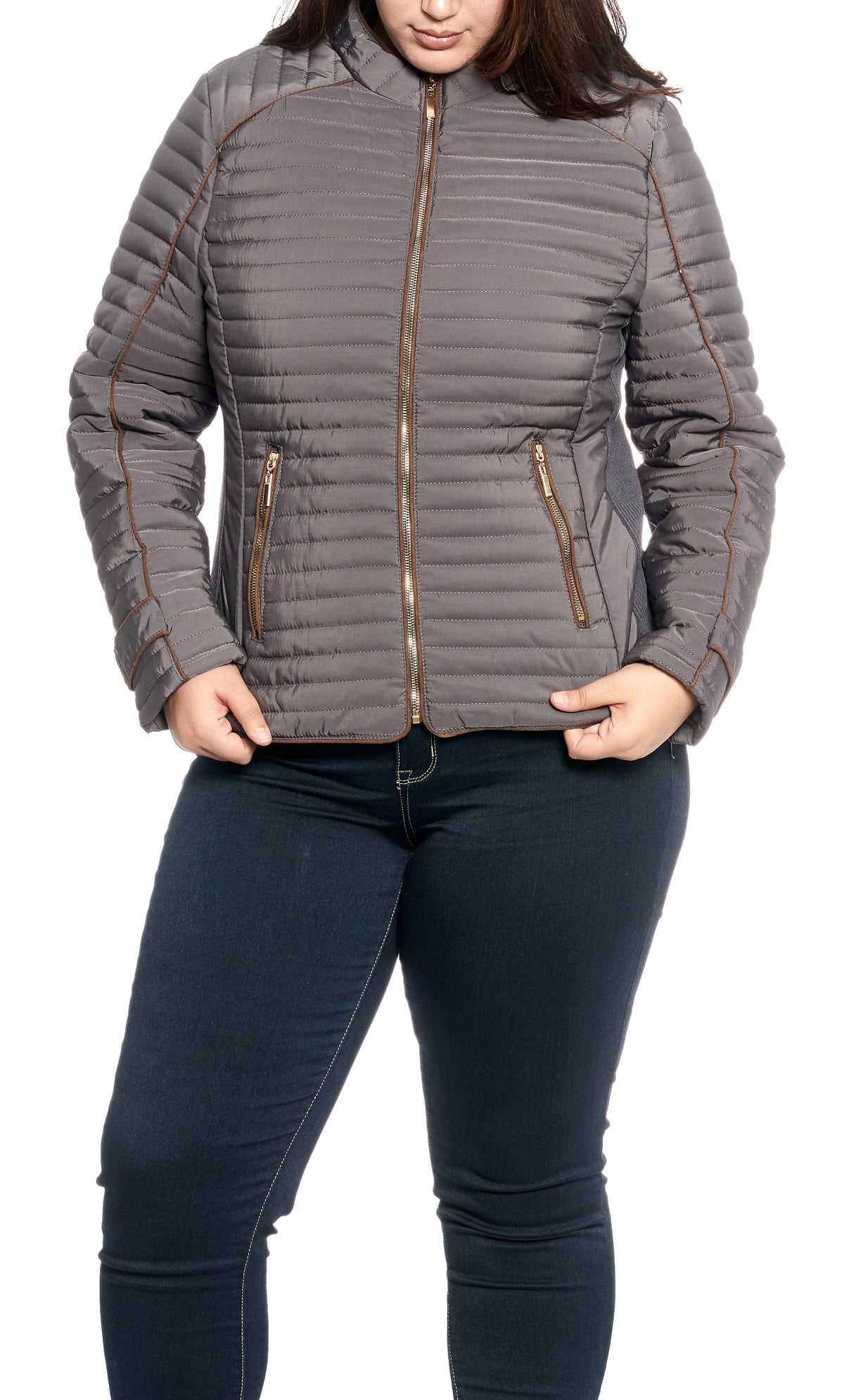 Ladies Plus Size Quilted Puffer Jacket w/ Zipper Pockets - Walmart.com