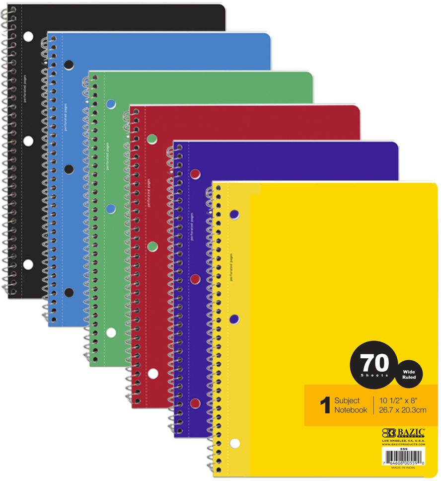 Bazic 1 subject Spiral Notebook Wide Rulled 70 Sheets Pack Of 6