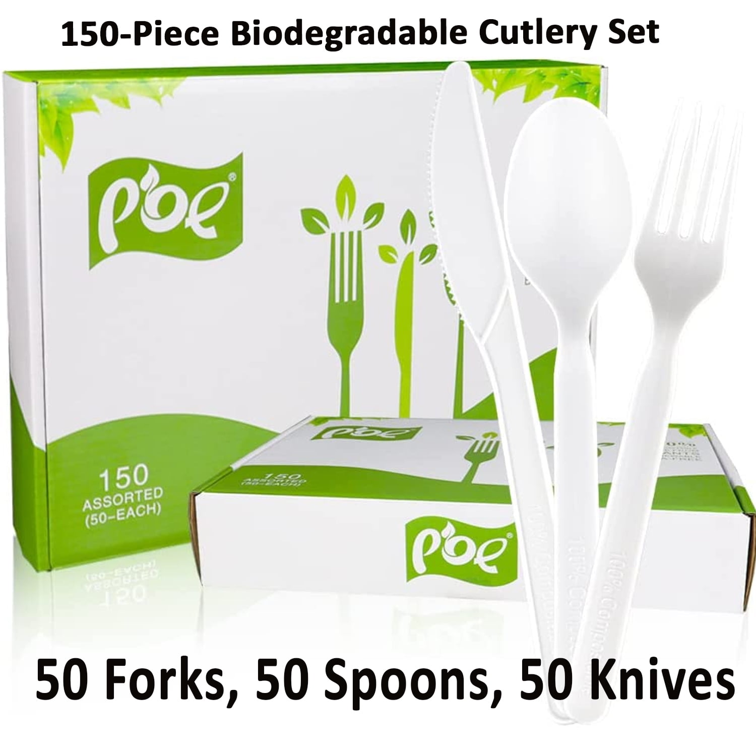 Biodegradable Cutlery Set, 50 Knives, 50 Spoons, 50 Forks, 100% Eco ...