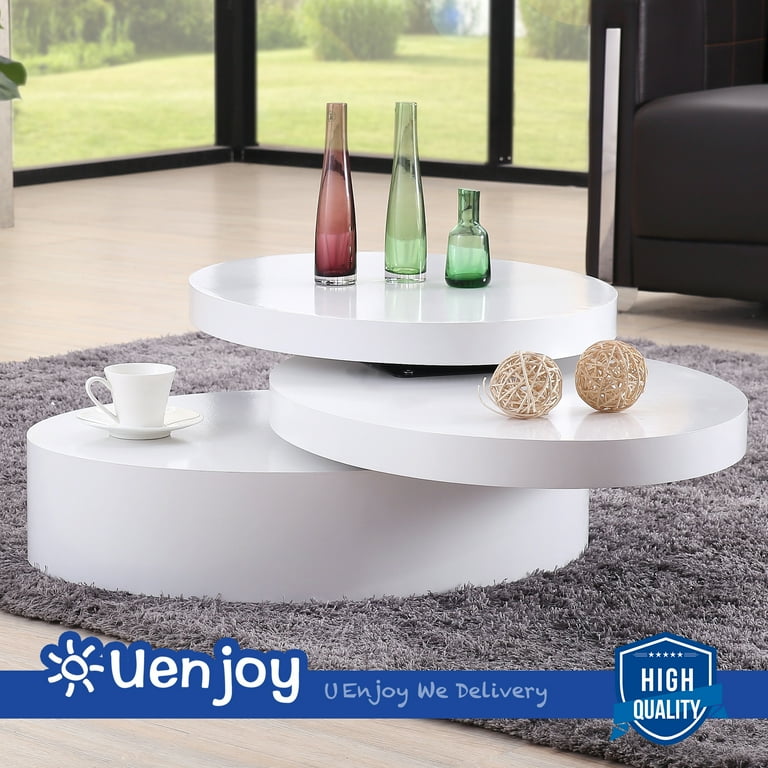 White Round Coffee Table Rotating Contemporary Modern Living Room ...