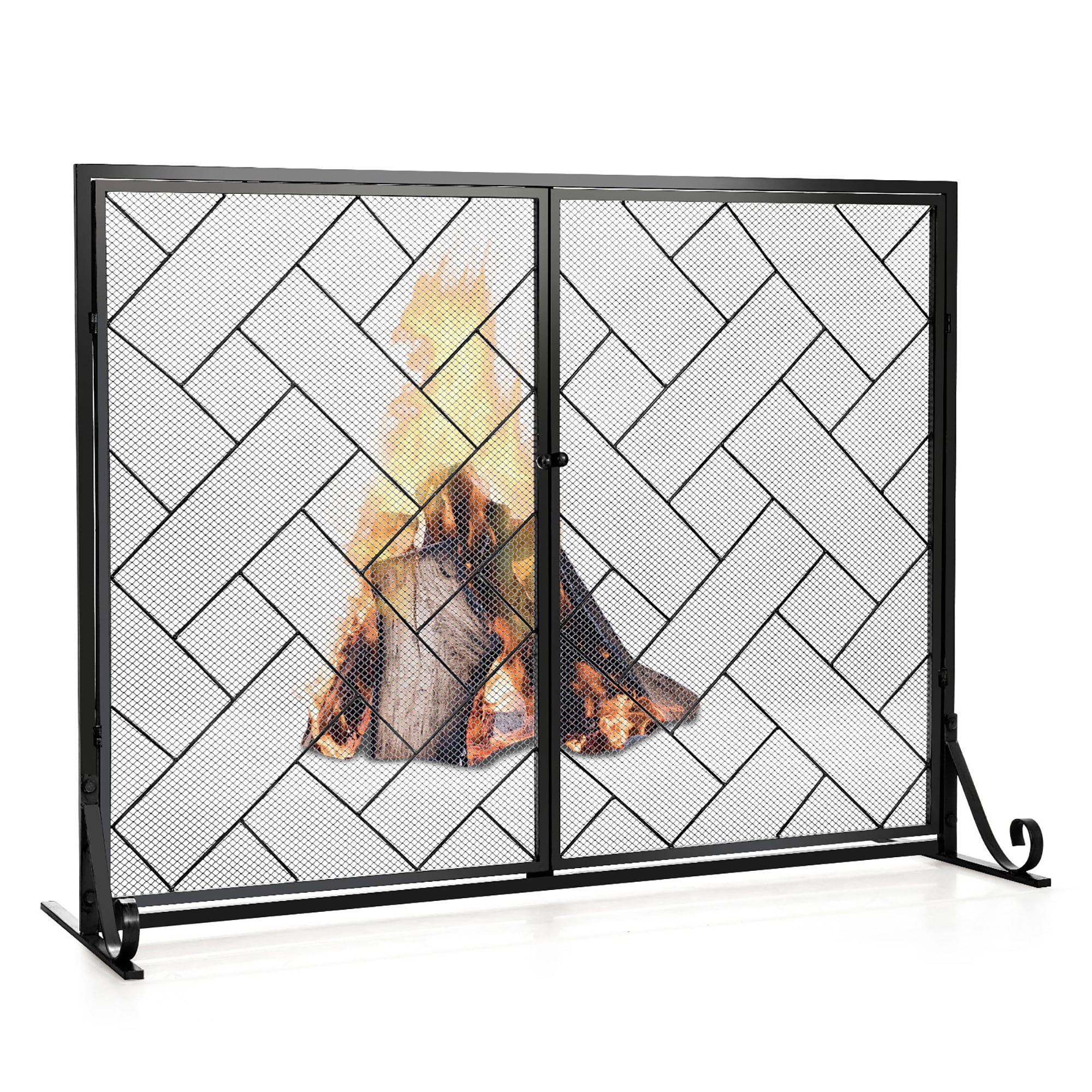 Costway 2-Panel Fireplace Screen w/ Double Door Fire Spark Guard Safety ...