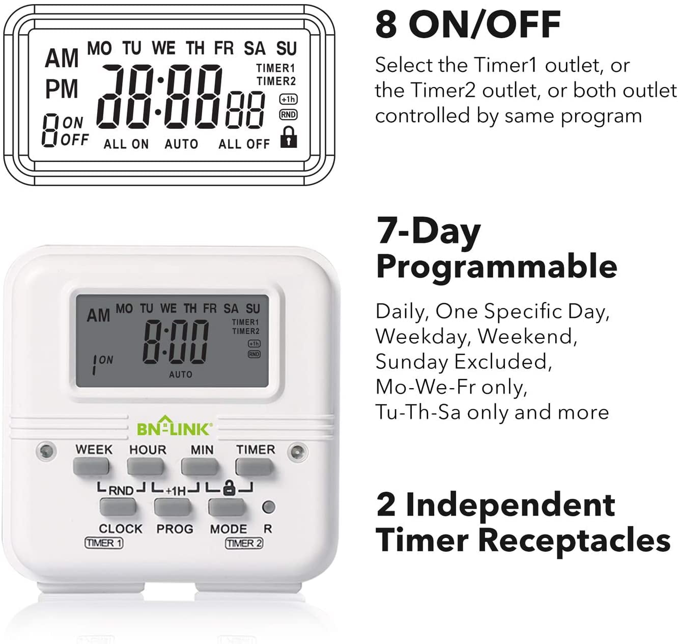 BN-LINK 7 Day Heavy Duty Digital Programmable Dual Outlet Timer - 2 ...