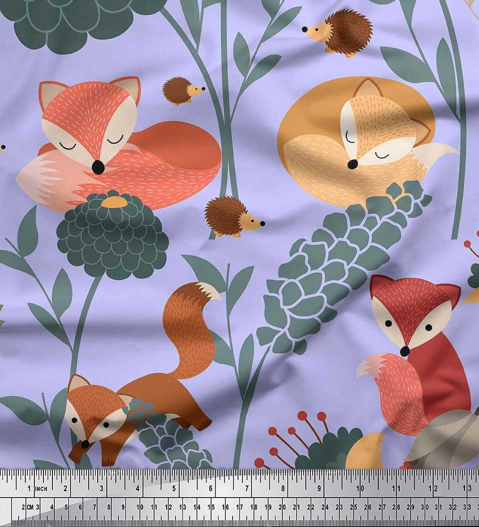 Soimoi Satin Silk Fabric Floral,Porcupine & Fox Cartoon Print Fabric by ...