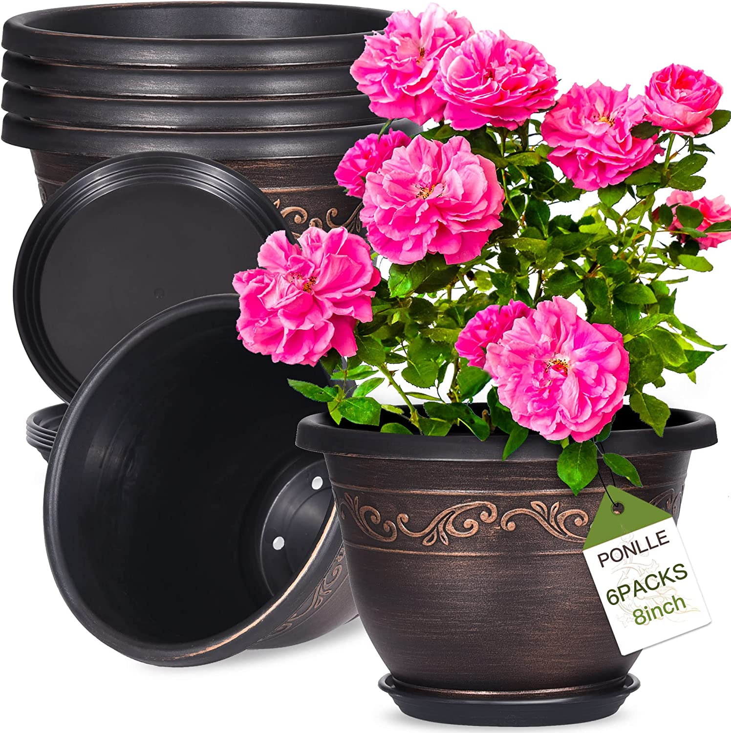 8 inch Plastic Flower Pot with Drainage Hole, Pots for Plants (6 Pack ...