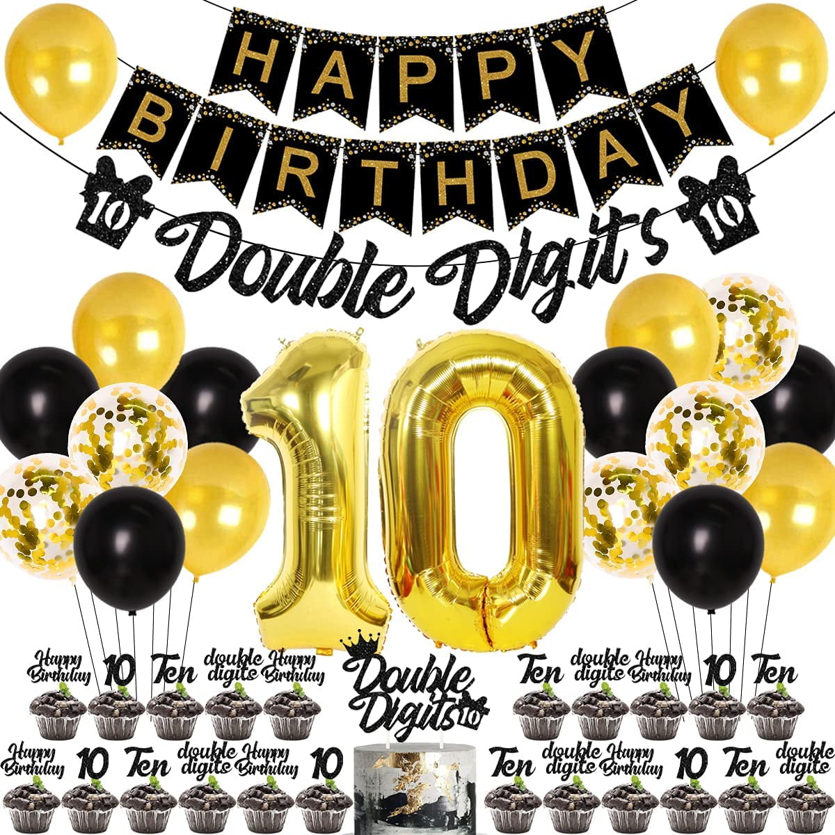10th Birthday Decorations Black and Gold for Boys Girls Double Digits ...