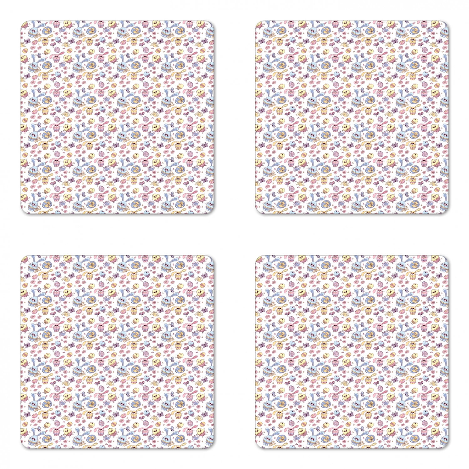 Easter Coaster Set of 4, Cheerful Kids Pattern with Funny Bunny and ...