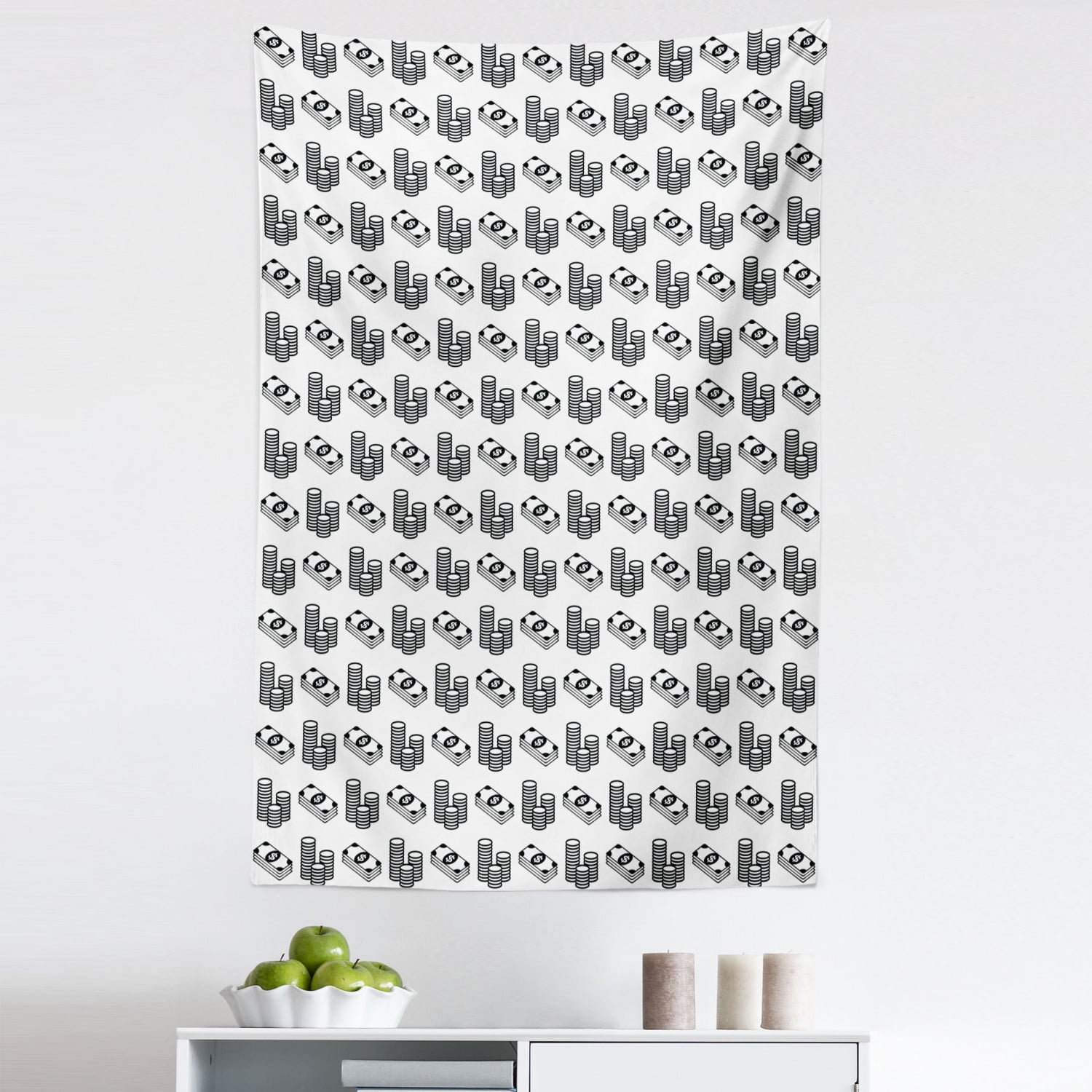 Money Tapestry, Monochrome Stacked Coins and Dollar Bills Simple Doodle ...