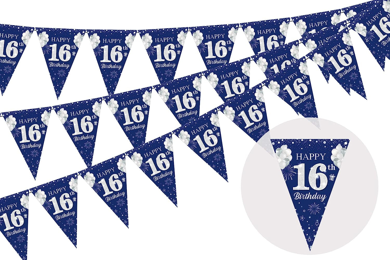 3 Pack 16th Happy Birthday Bunting Banner, 36 Pieces Triangle Flag Navy ...