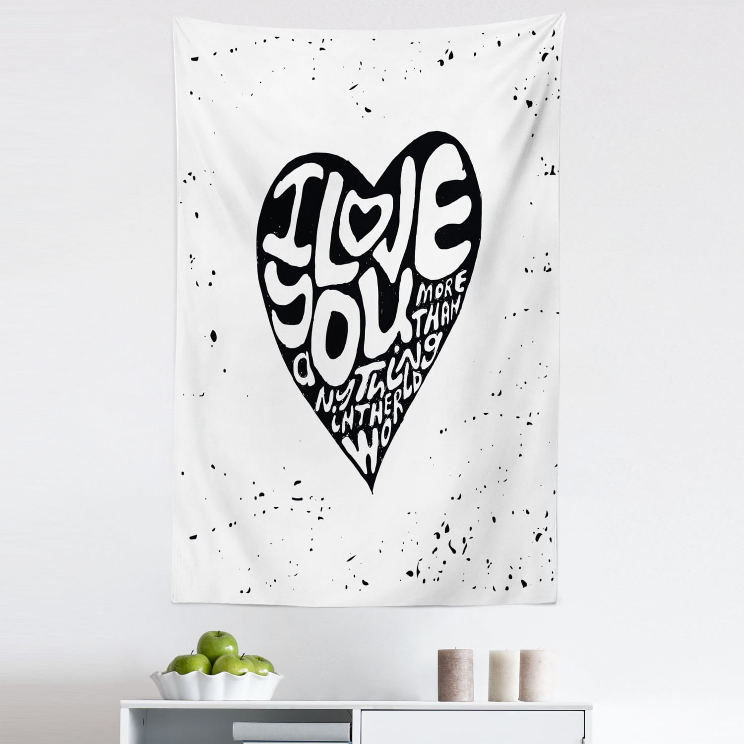 Love You More Tapestry, Calligraphy in a Heart Shape with Grunge Messy ...