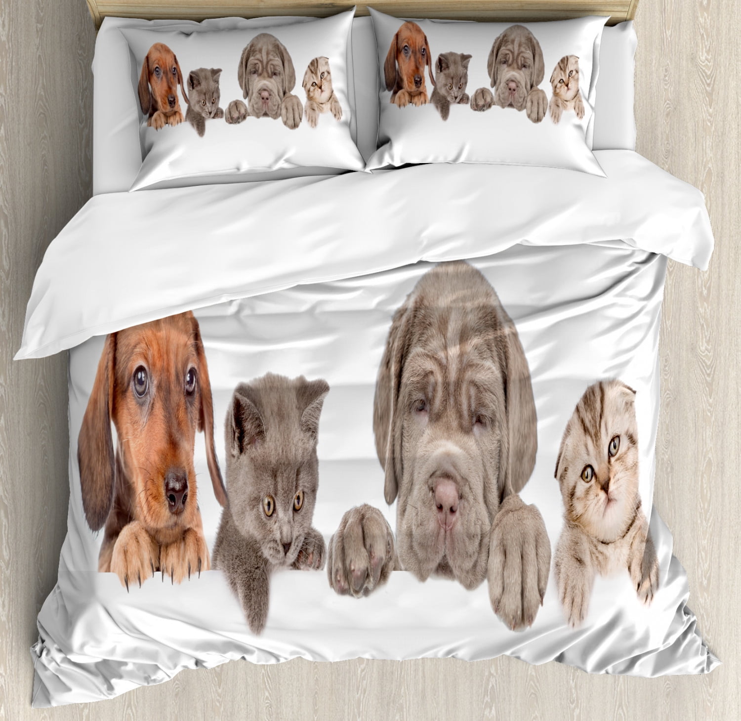 Dog and Cat Duvet Cover Set Queen Size, Pets Peeking over a White ...