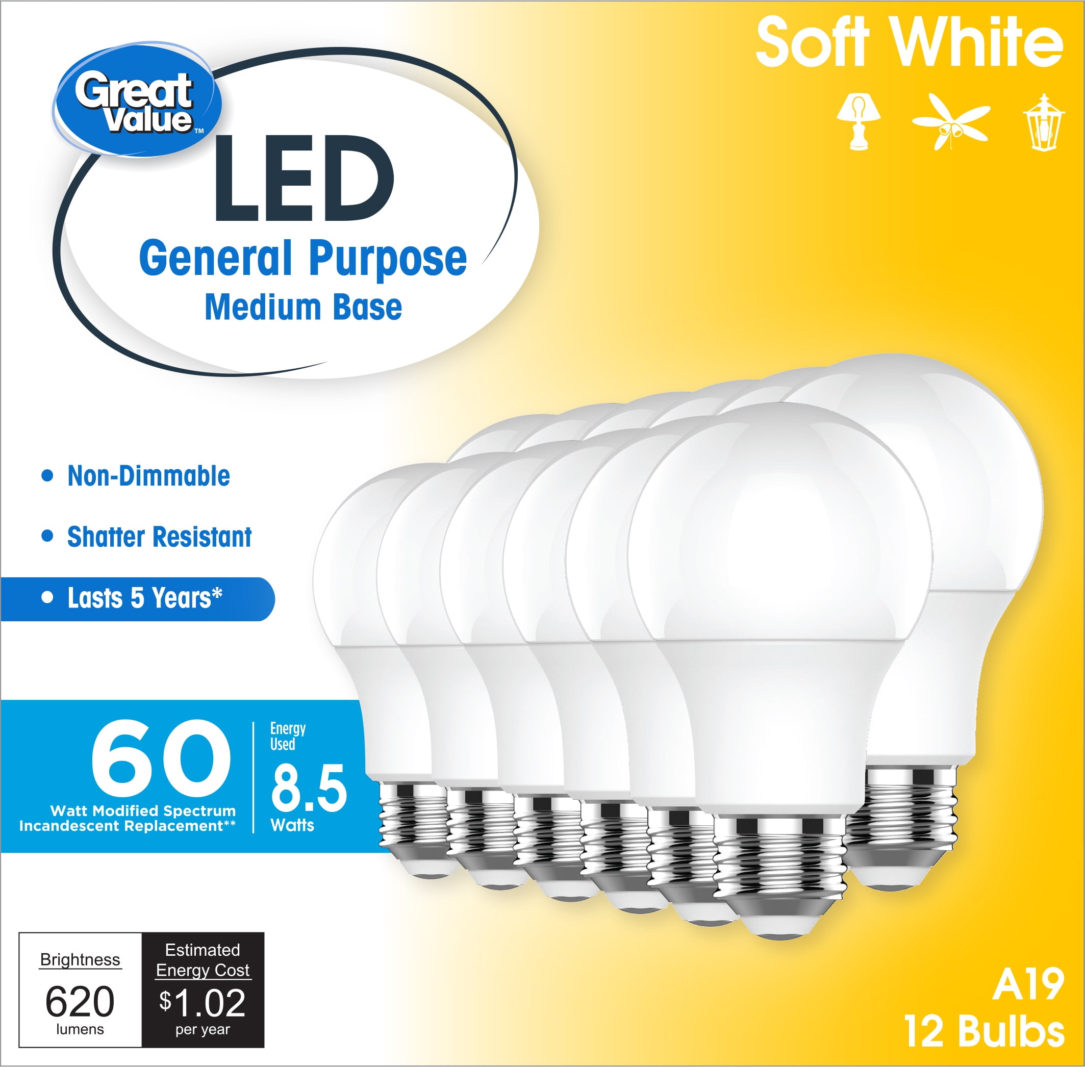Great Value LED Light Bulbs, 60 Watts Eqv, Soft White, A19 General ...
