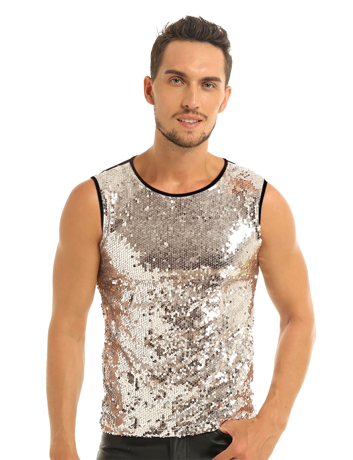 YEAHDOR Mens Shiny Sequin Slim Fitted Vest Sleeveless Tank Top Tees T ...