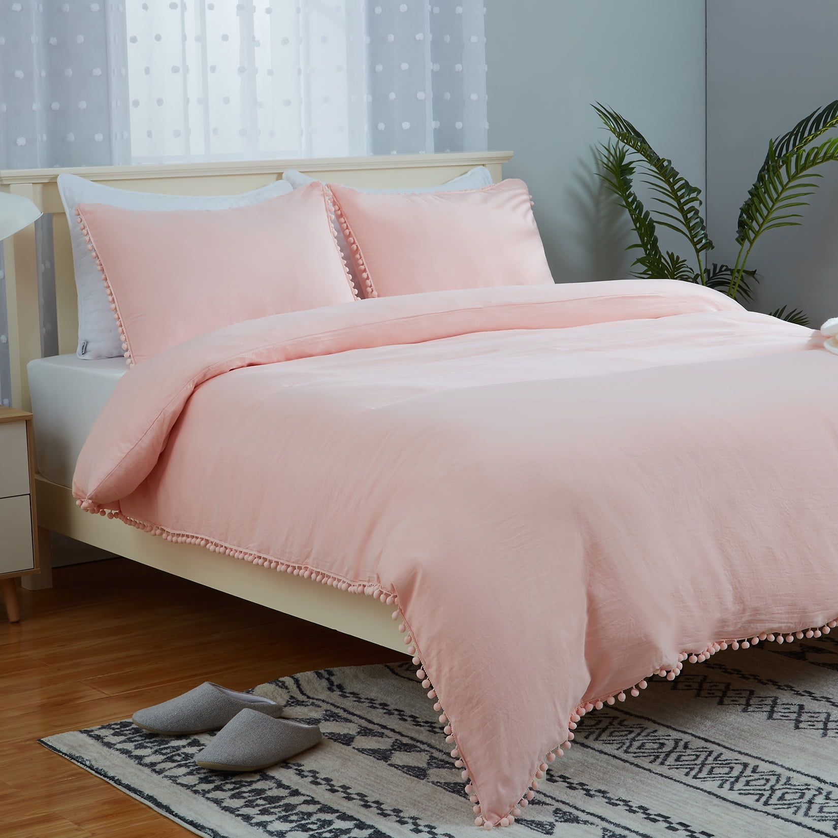 Soft Washed Microfiber Duvet Cover Set with Boho Pom Pom Fringe Zipper ...