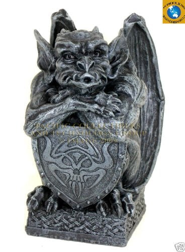 FAUX STONE RESIN GOTHIC GARGOYLE WITH ARMOR SHIELD STATUE FIGURINE ...