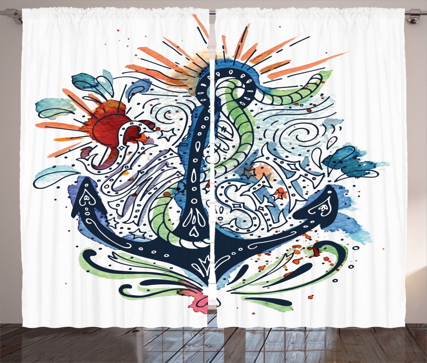Anchor Decor Curtains 2 Panels Set, Ornate Ship Anchor with Sun Heart ...