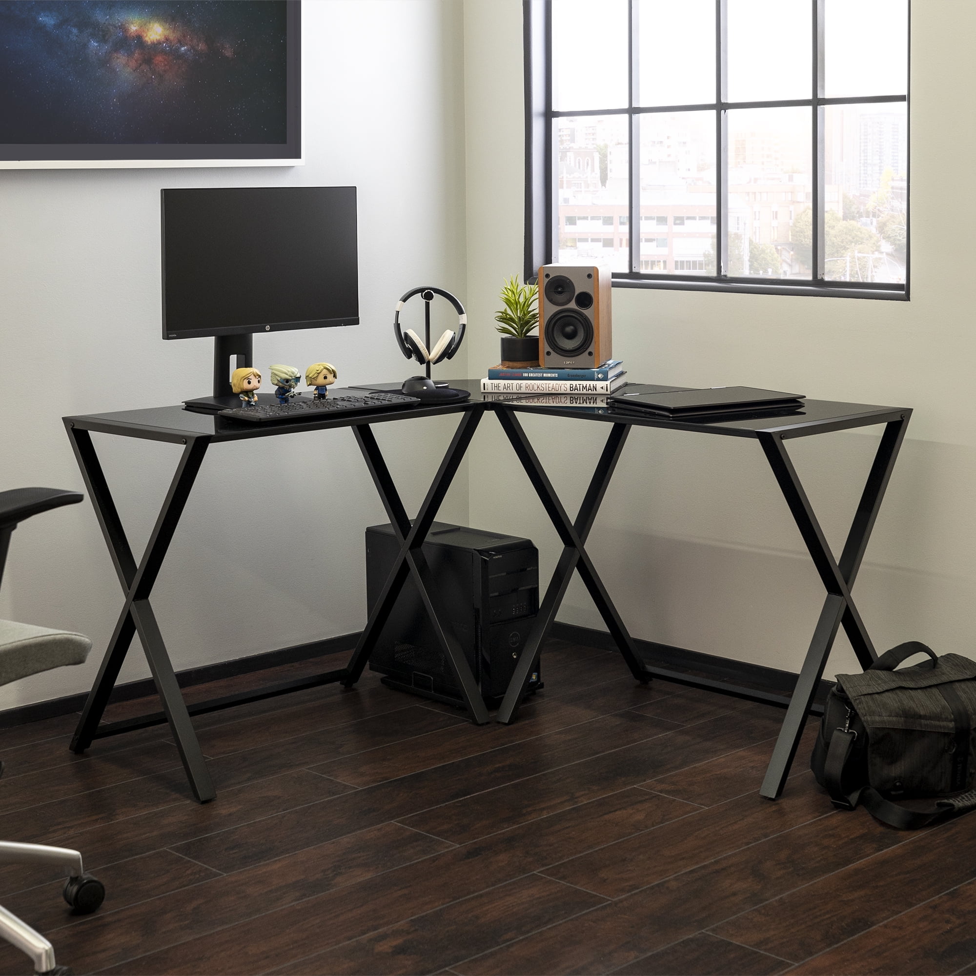 Modern Glass and Metal X-Frame Black L-Shaped Corner Computer Desk by ...