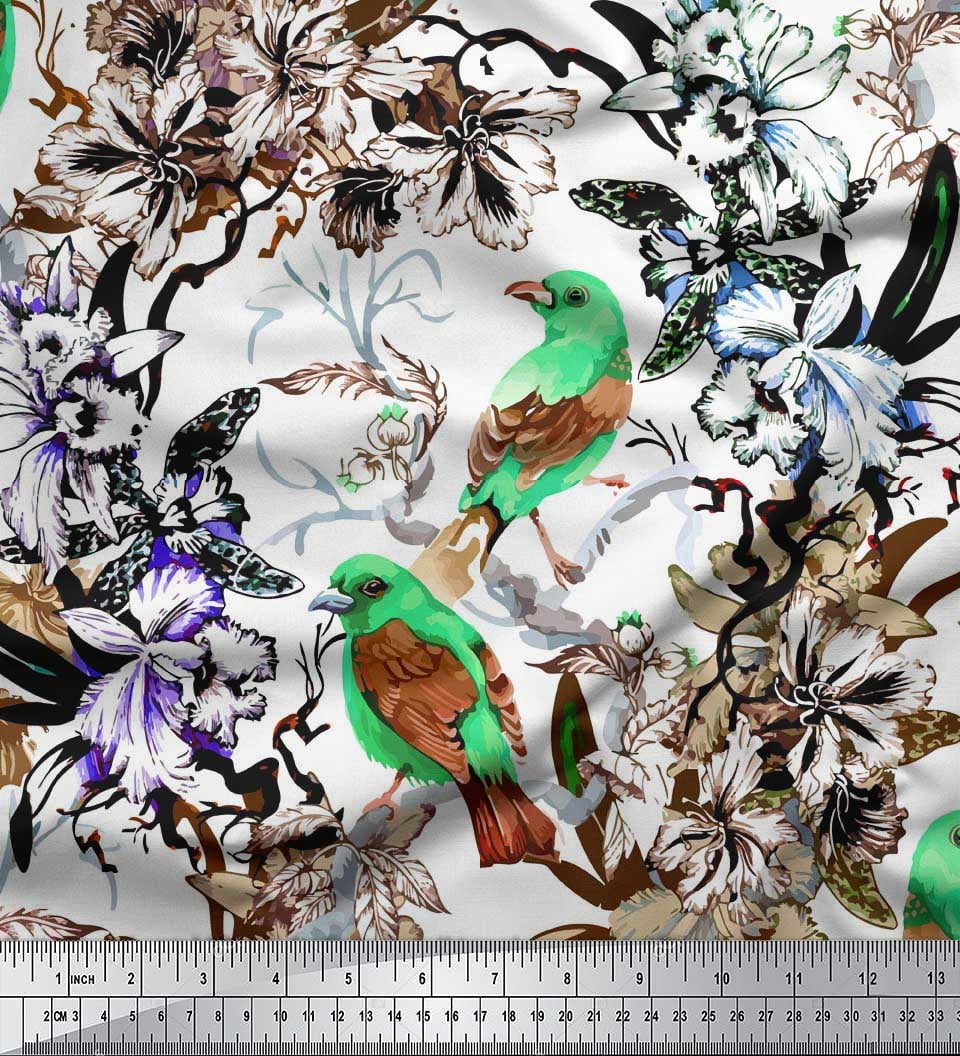 Soimoi Green Satin Silk Fabric Leaves,Floral & American Robin Bird ...