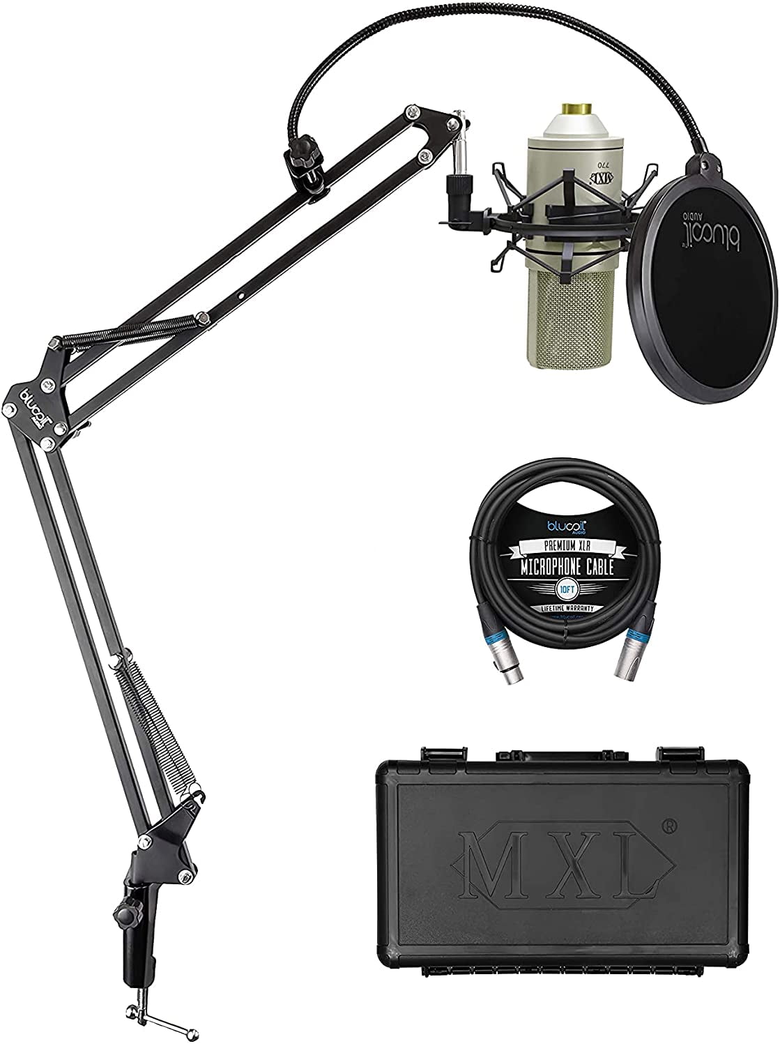 MXL 770 Condenser Microphone with Blucoil 10' XLR Cable, Boom Arm, Pop ...