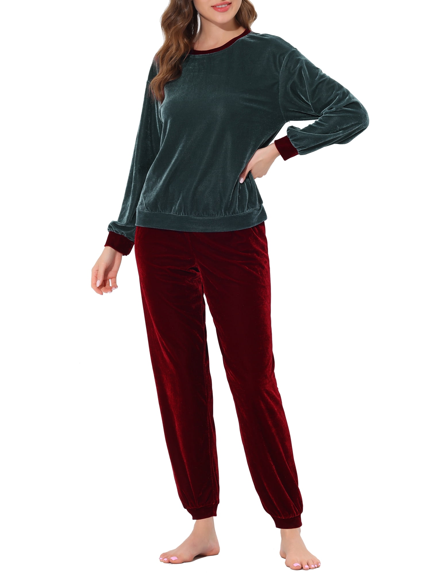 Unique Bargains Women's Velvet Long Sleeve Warm Top and Pants Pajamas ...