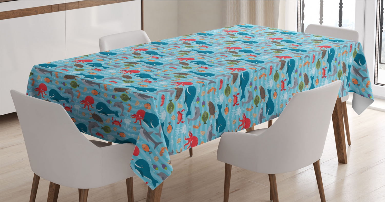 Nautical Tablecloth, Theme Doodle Smiling Sea Creatures as Sea Turtle ...