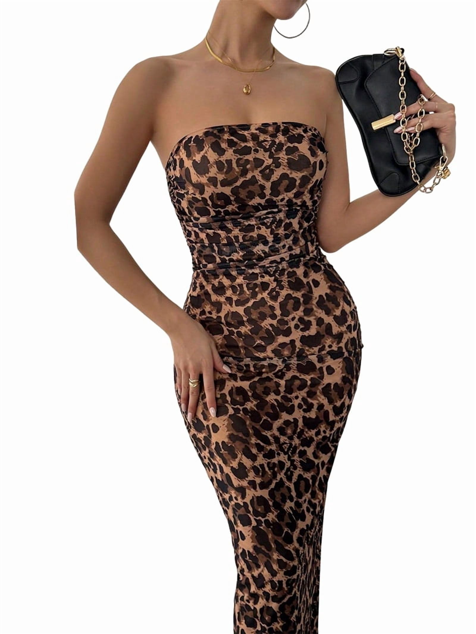 Women'S Summer Dress Printed Strapless Tube Bodycon Maxi Side Slit Mesh ...