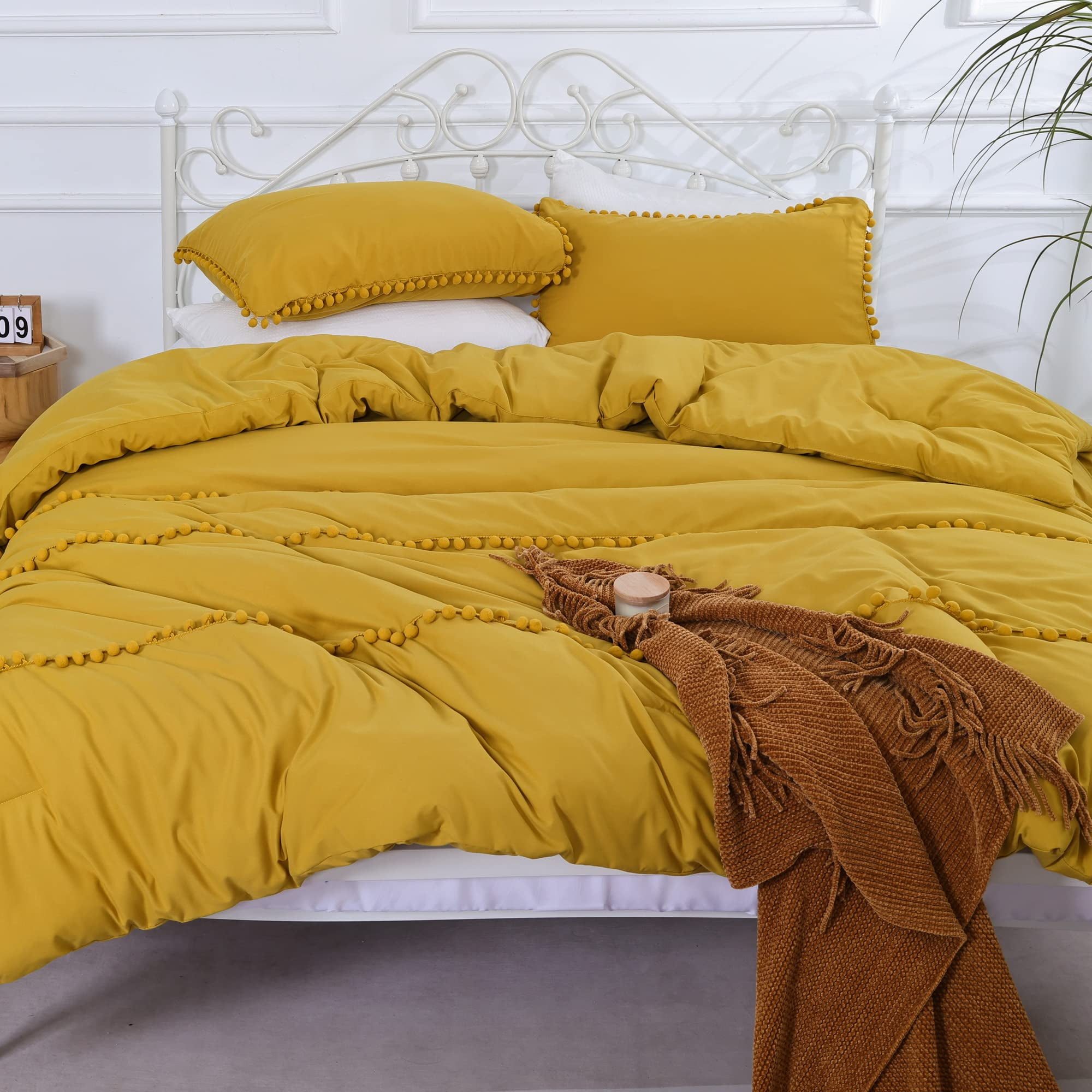 YIRDDEO 3 Striped Mustard Yellow Queen Ball Pom Fringe Design Comforter ...