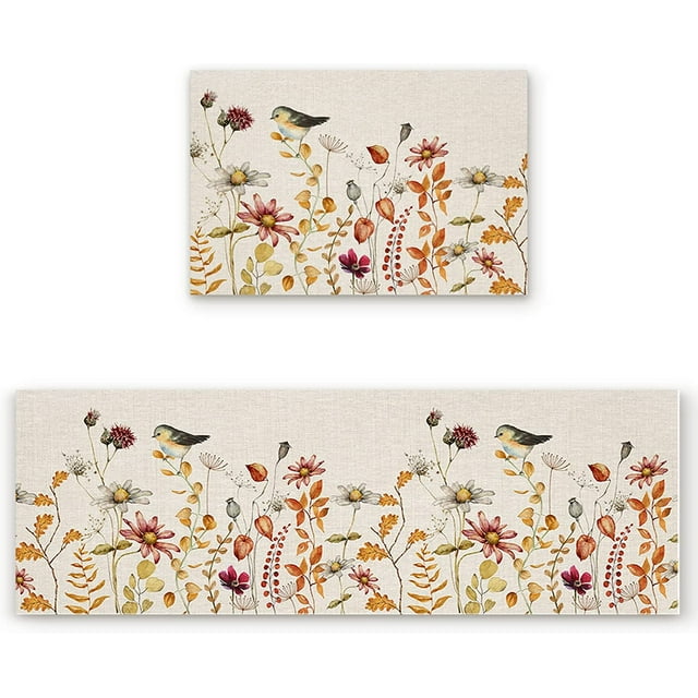 2 Piece Kitchen Rug Sets Daisy Wildflower Robin Non-Slip Floor Mats ...