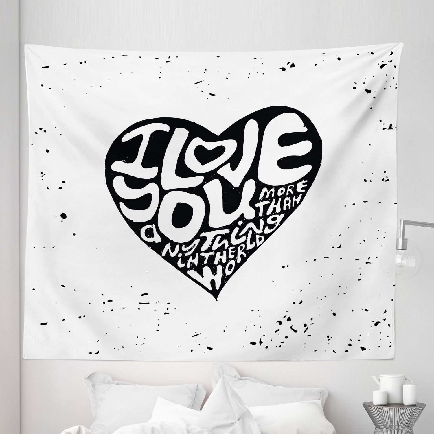 Love You More Tapestry, Calligraphy in a Heart Shape with Grunge Messy ...