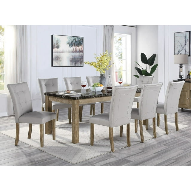 Stylish 9pc Dining Set Table Marble Top 8 Side Chairs PU Padded Seats ...