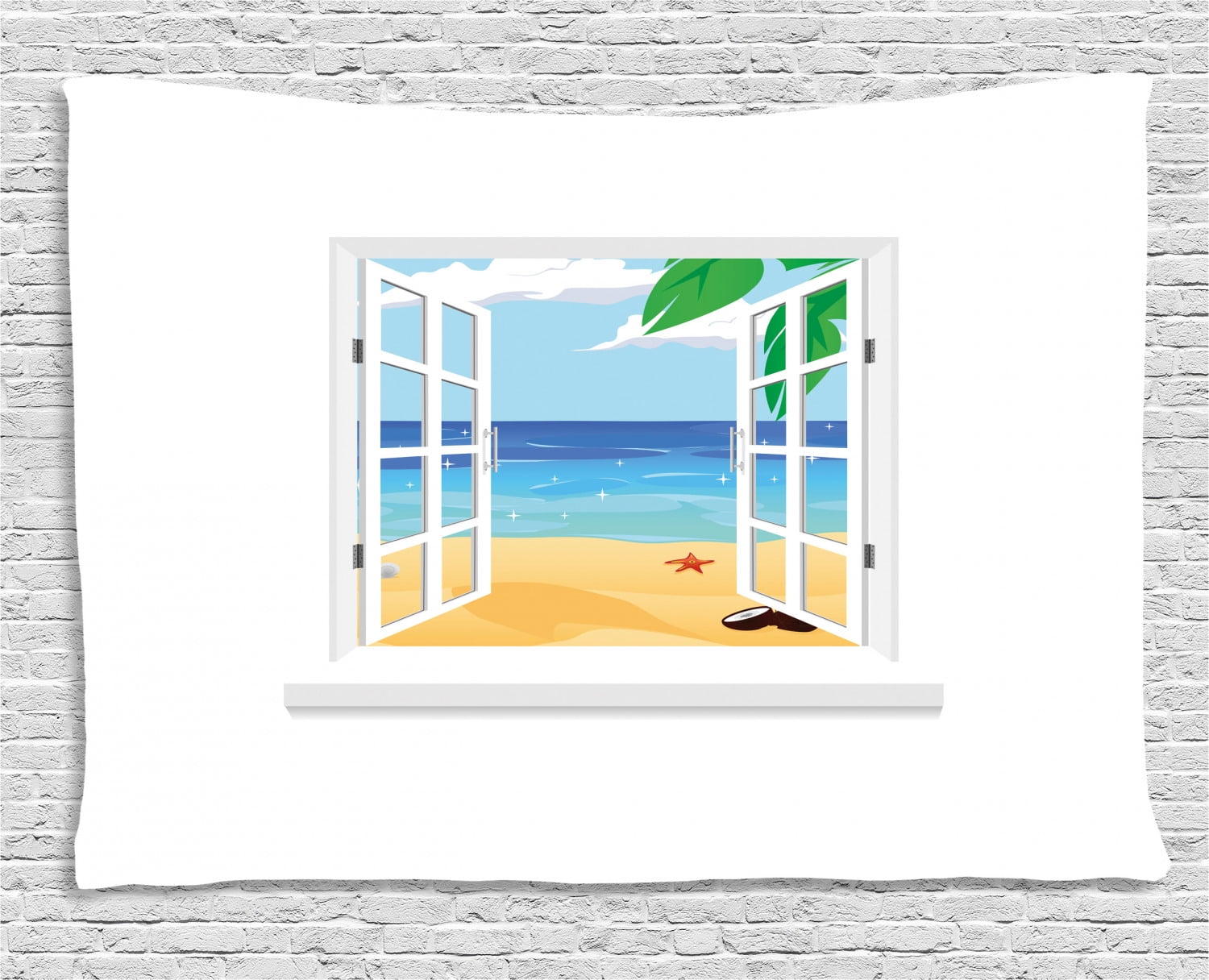 Beach Tapestry, View from Window Ocean with Coconut Leaves Starfish ...