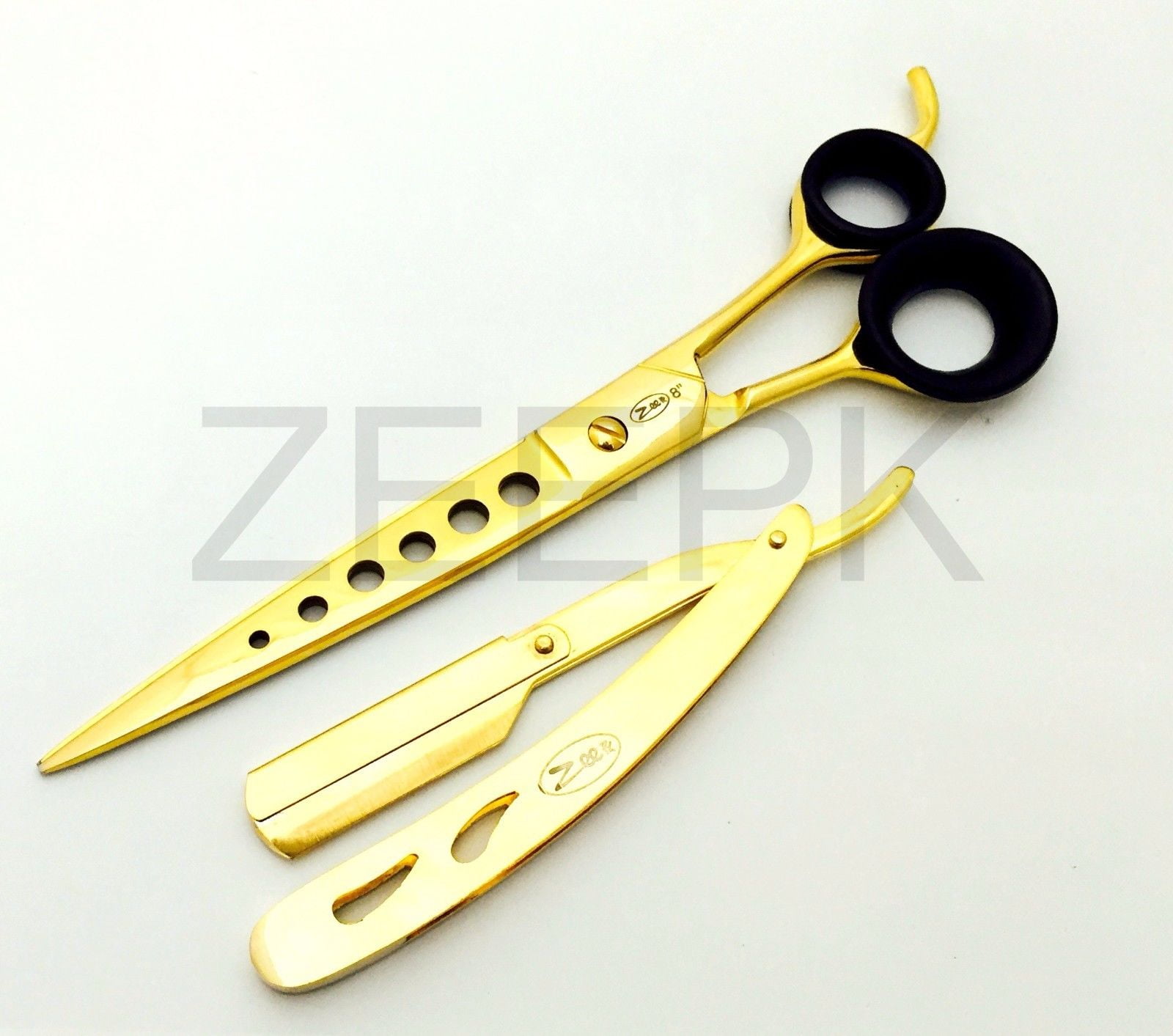 PROFESSIONAL SALON BARBER 8" HAIR STYLING SCISSOR SHEAR + RAZOR GOLD ...